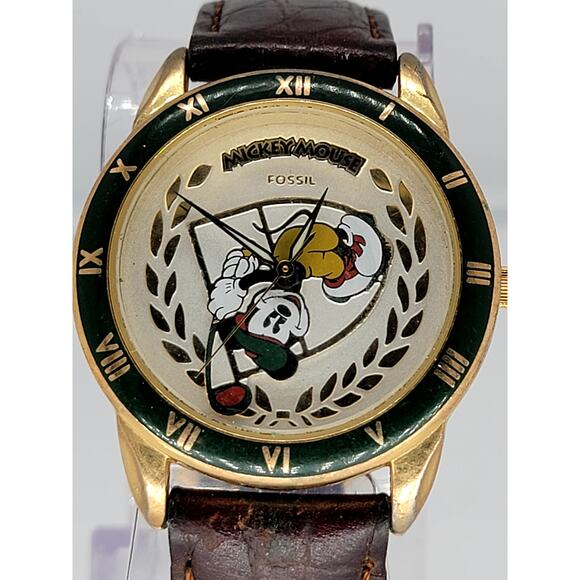 Disney | Accessories | Rare Vintage Fossil Mickey Mouse Goldtone Watch ...